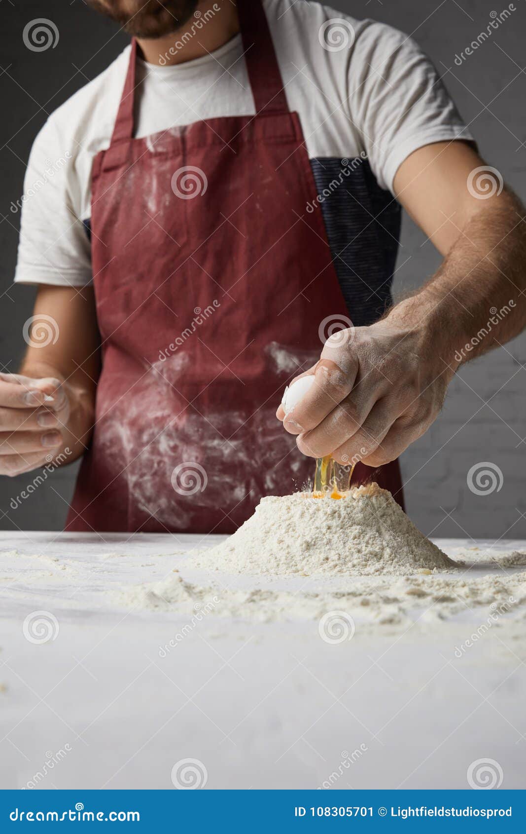 Chef Preparing Dough and Adding Egg To Flour Stock Image - Image of ...