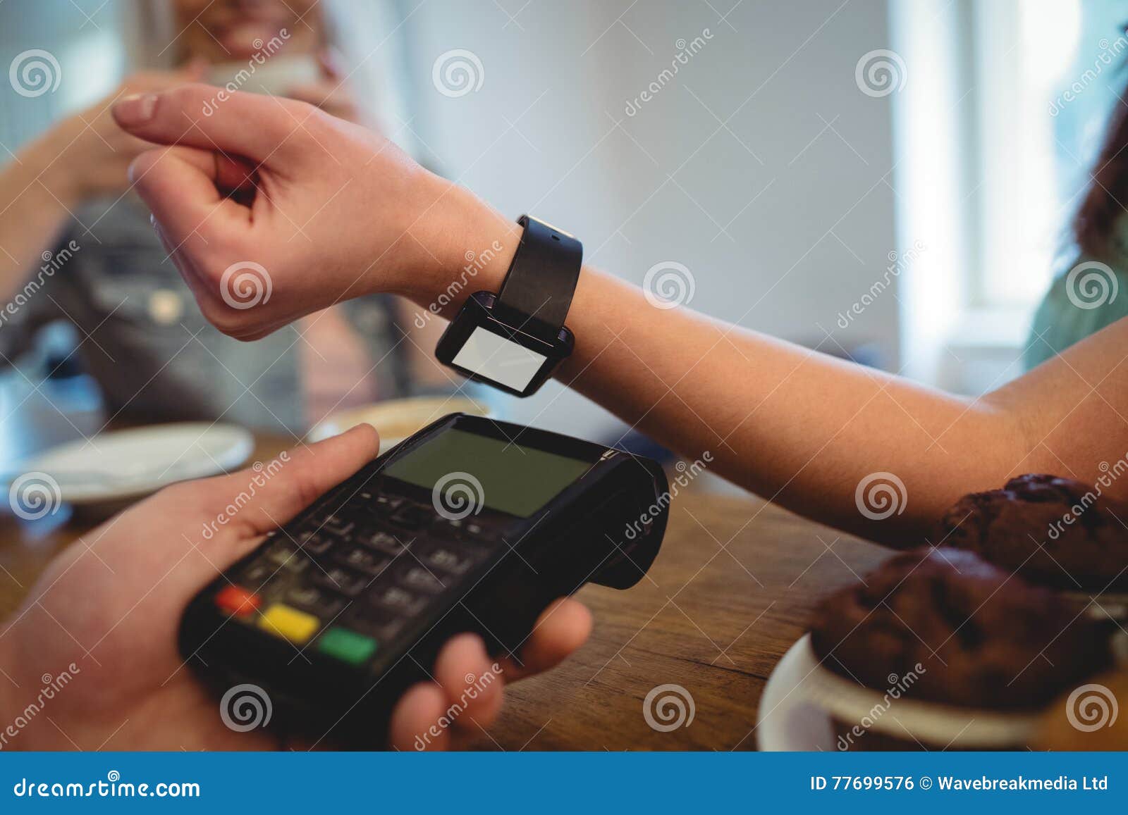 Cropped Image of Customer with Smart Watch at Cafe Stock Photo - Image ...