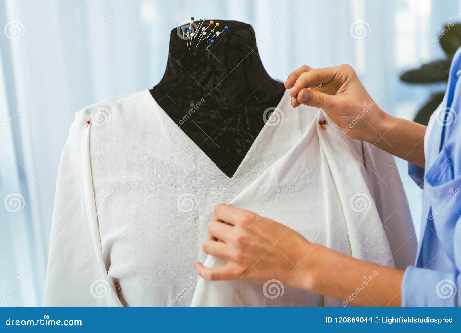 Cropped Image of Designer Putting Pin into Fabric Stock Photo - Image ...