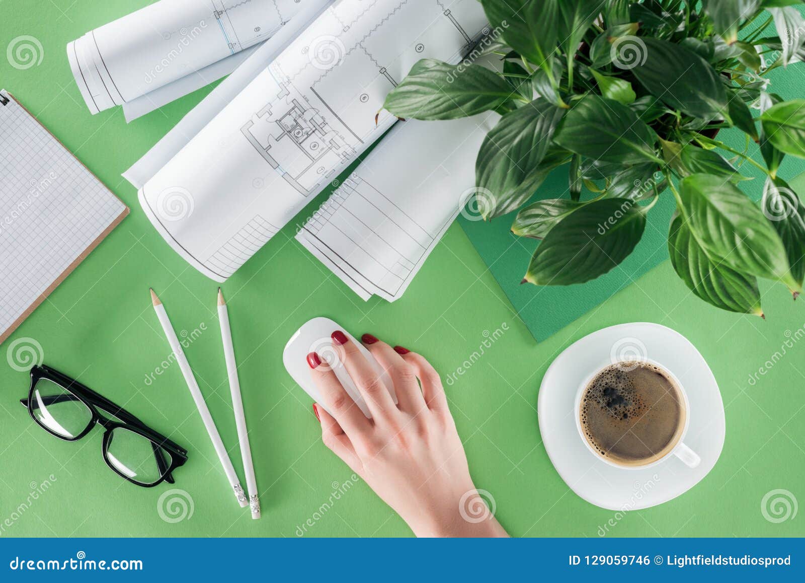 Cropped Image of Female Architect Using Computer Mouse at Table with ...