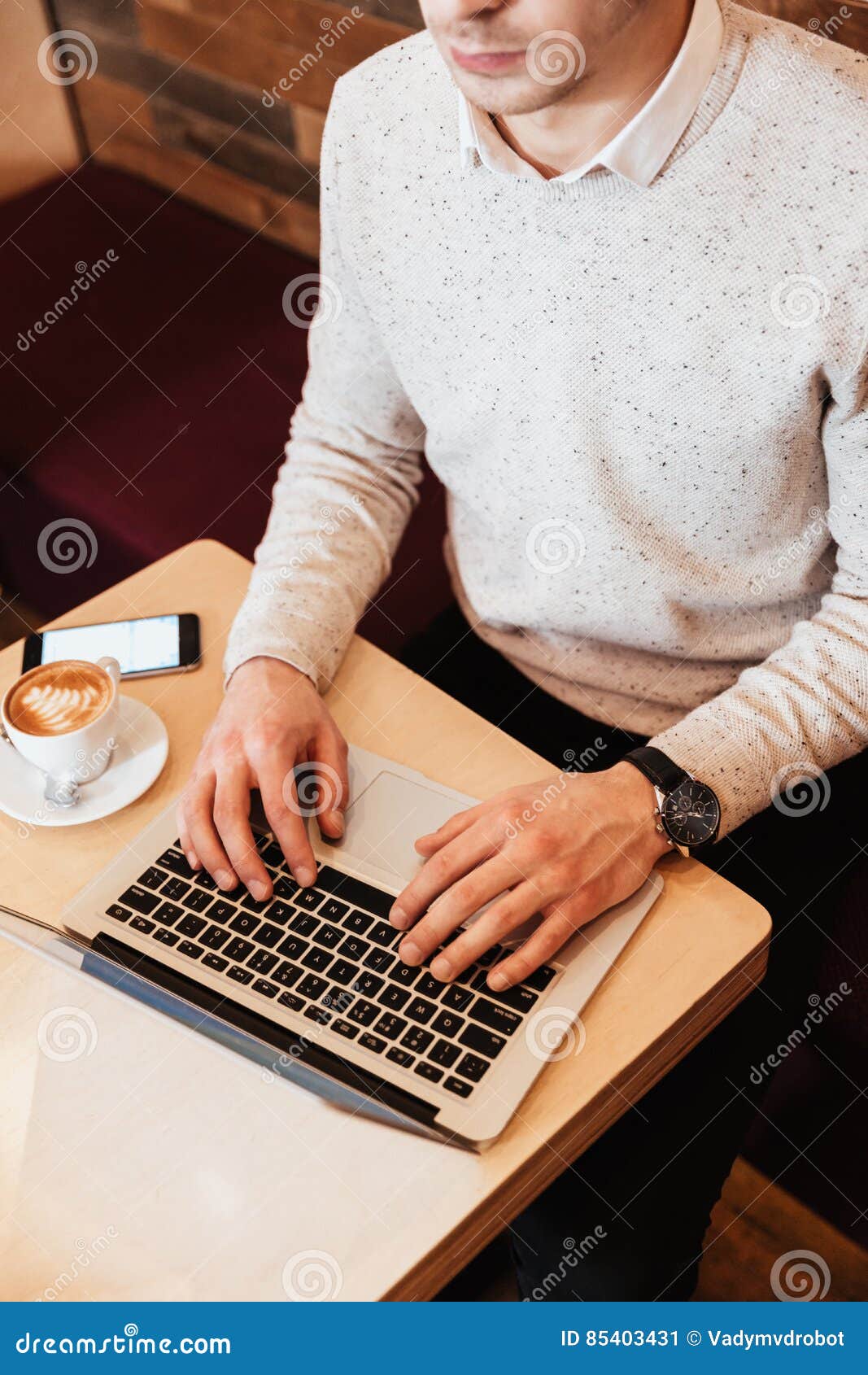 Cropped Image of Man in Cafe Using Laptop Computer. Stock Image - Image ...