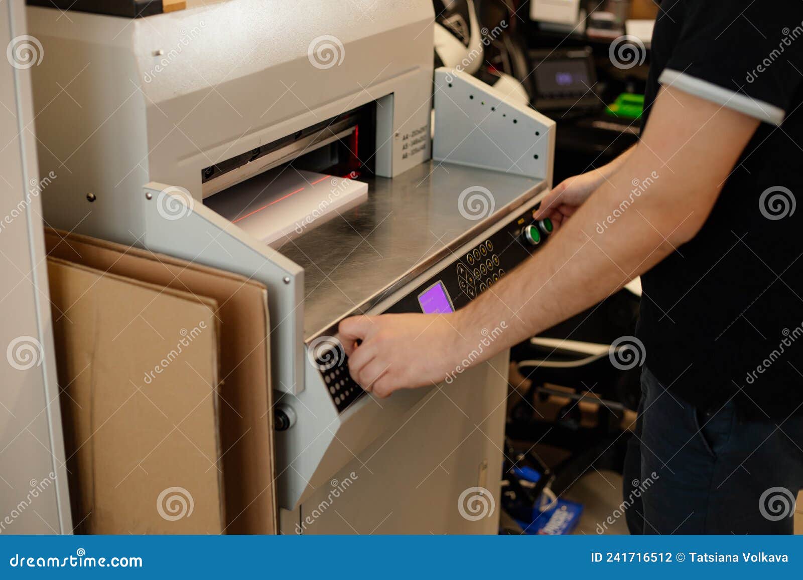 Cropped Image Man Hands Using Paper Cutter Machine, Guillotine Offset ...