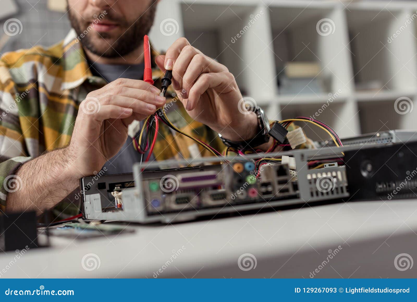 Cropped Image of Man Holding Wires in Hands while Fixing Stock Image ...
