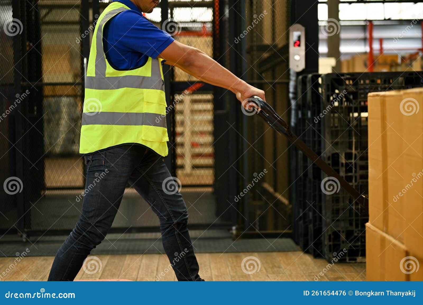 Cropped, Professional Asian Man Warehouse Worker Pulling a Pallet Truck ...