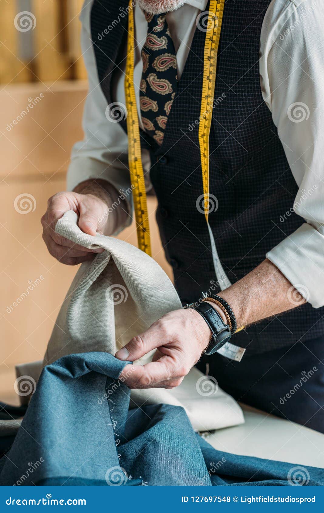 Cropped Image of Tailor Choosing Cloth Stock Photo - Image of sewing ...