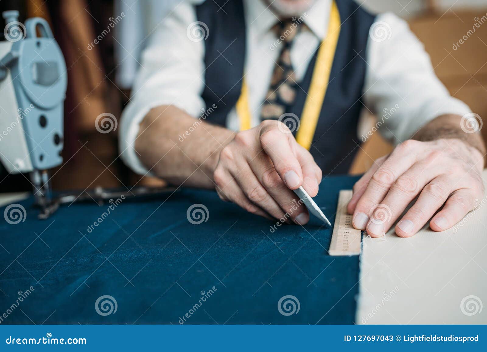 Cropped Image of Tailor Drawing Outline on Cloth Stock Image - Image of ...