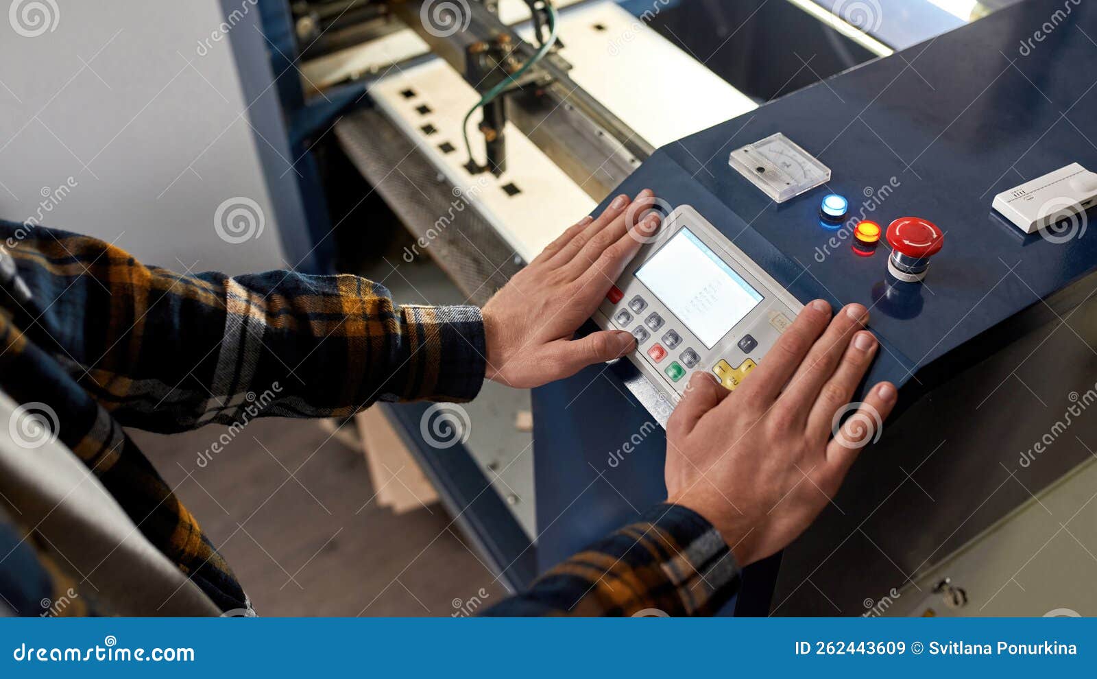 Cropped Male Worker Pressing Button on CNC Machine Stock Image - Image ...