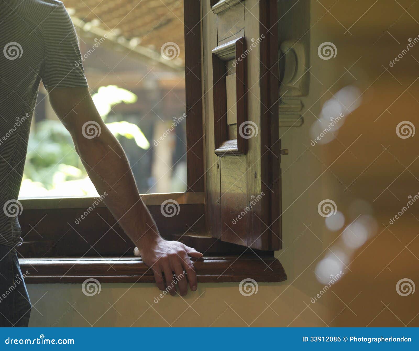 Cropped Man Looking Trough Window Stock Photo - Image of focus ...