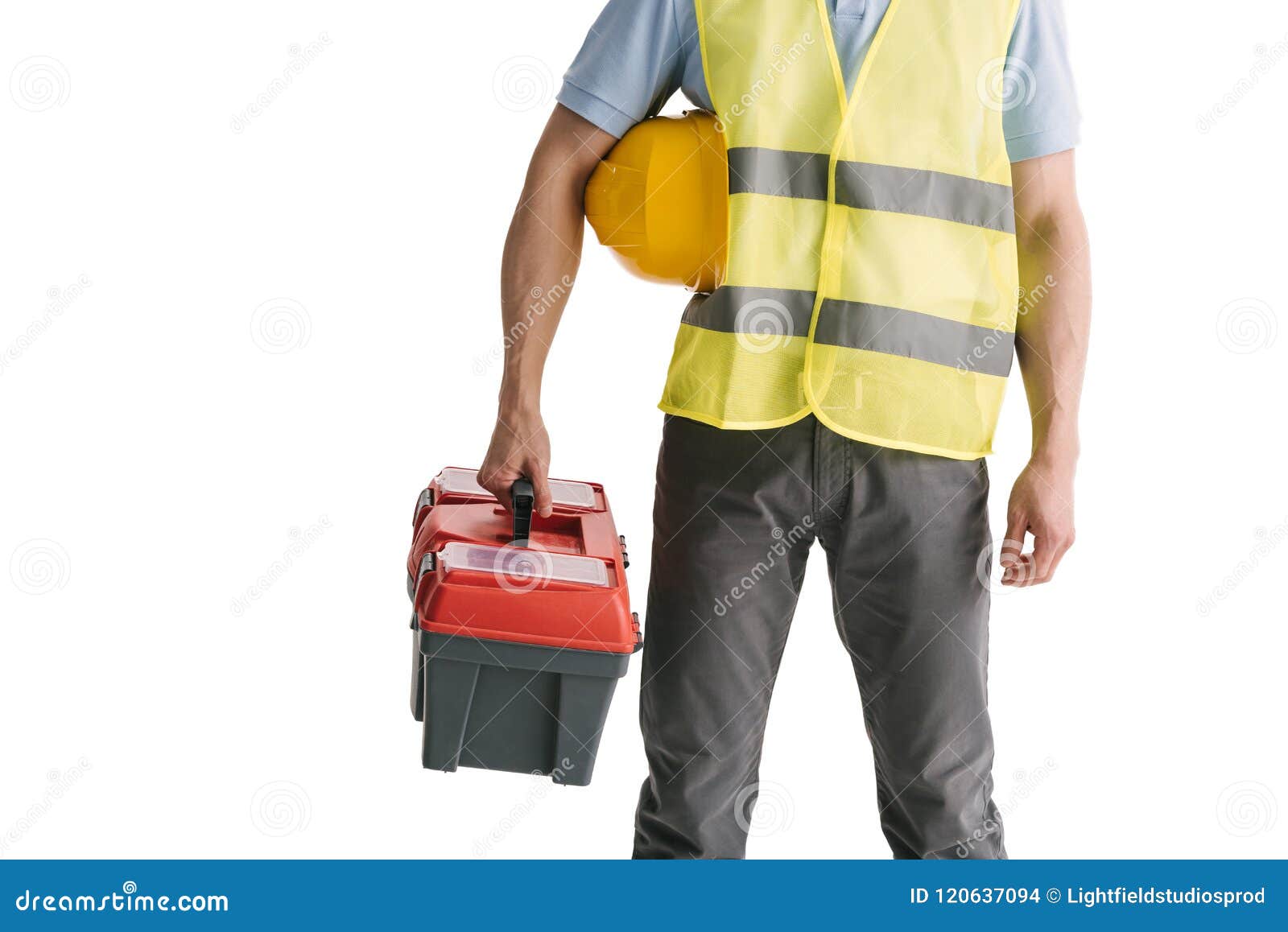 Cropped Shot of Construction Worker with Toolbox and Helmet Stock Photo ...