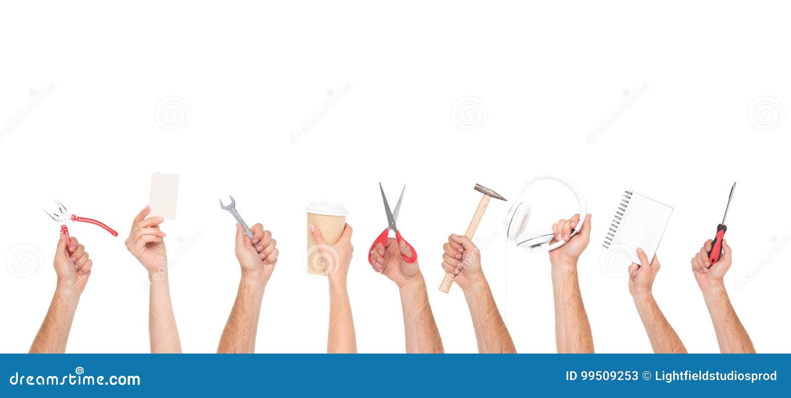 Hands Holding Tools and Objects Stock Image - Image of people, notepad ...