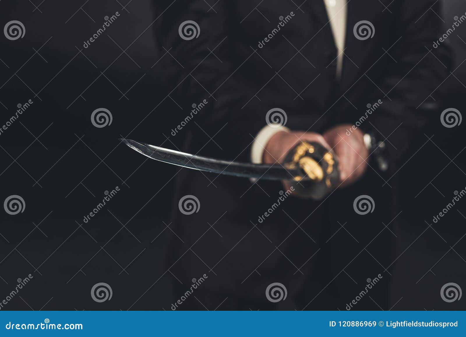 Cropped Shot of Man in Suit with Katana Sword Stock Image - Image of ...