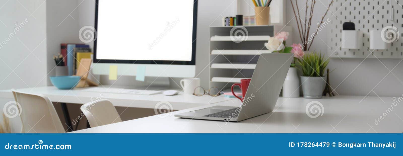 Cropped Shot of Office Desk with Blank Screen Computer on White Table ...