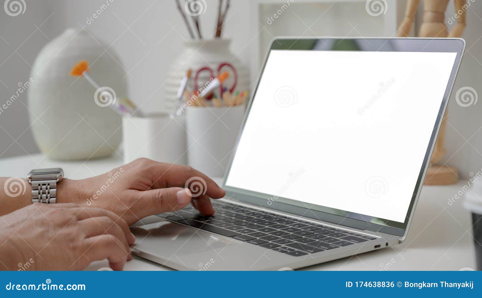 Cropped Shot of Designer Typing on Blank Screen Laptop in Minimal ...