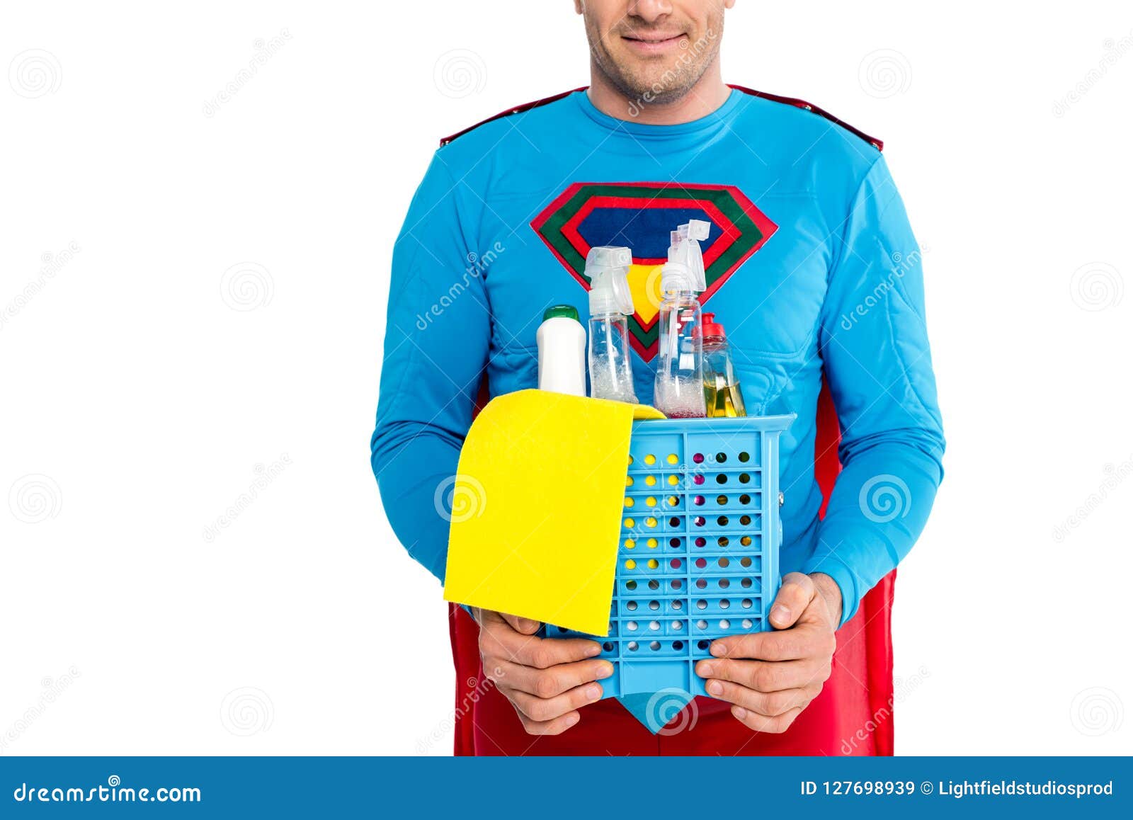 Cropped Shot of Smiling Superman Holding Cleaning Items Stock Image ...