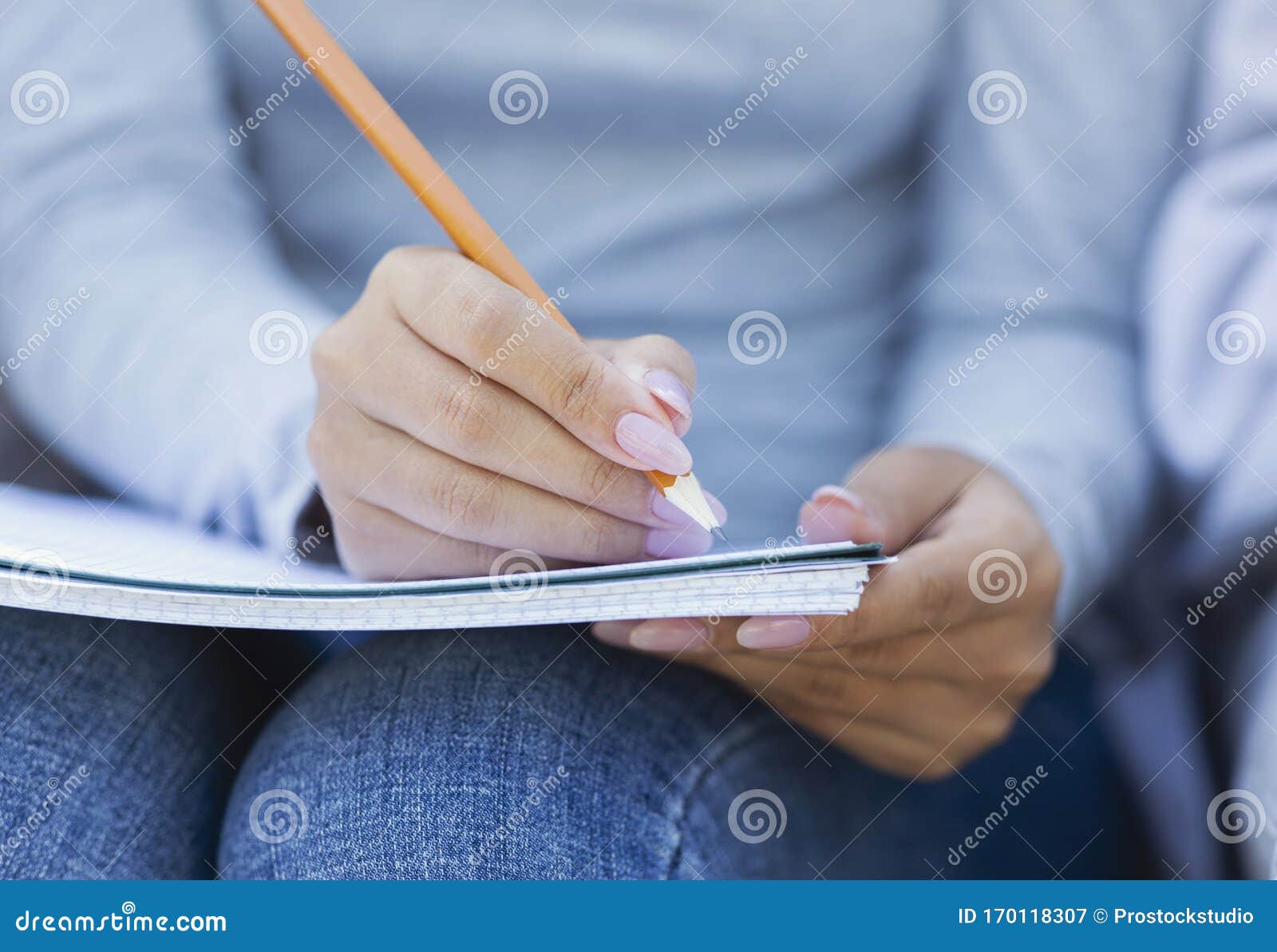 Cropped of Student Girl Taking Notes, Using Notepad and Pencil Stock ...
