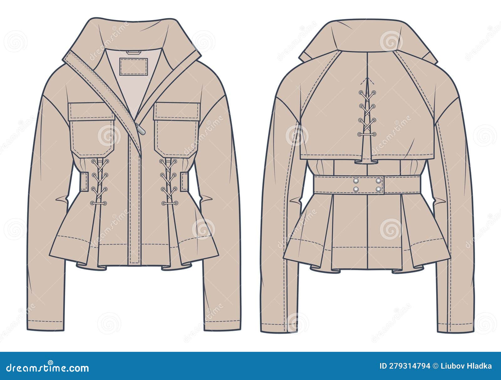 Cropped Trench Coat Technical Fashion Illustration Jacket Fashion Flat