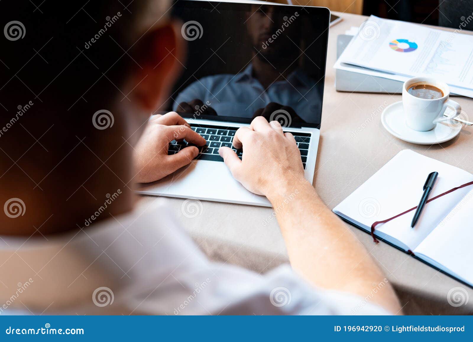 View of Freelancer Typing on Laptop Keyboard in Cafe Stock Photo ...