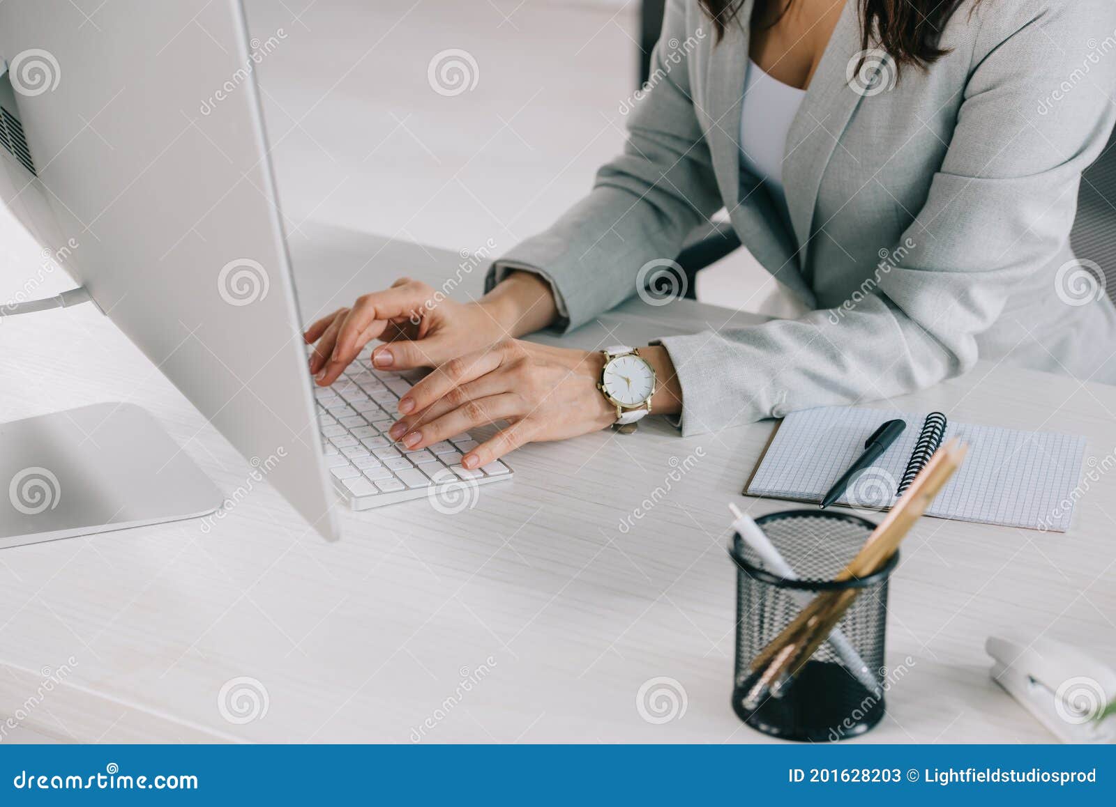 Cropped View of Secretary Typing on Stock Image - Image of stationery ...
