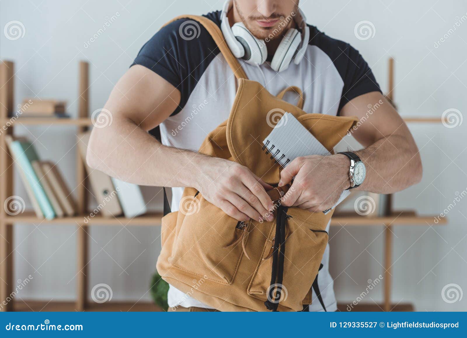 Cropped View of Student with Headphones Backpack Stock Image - Image of ...