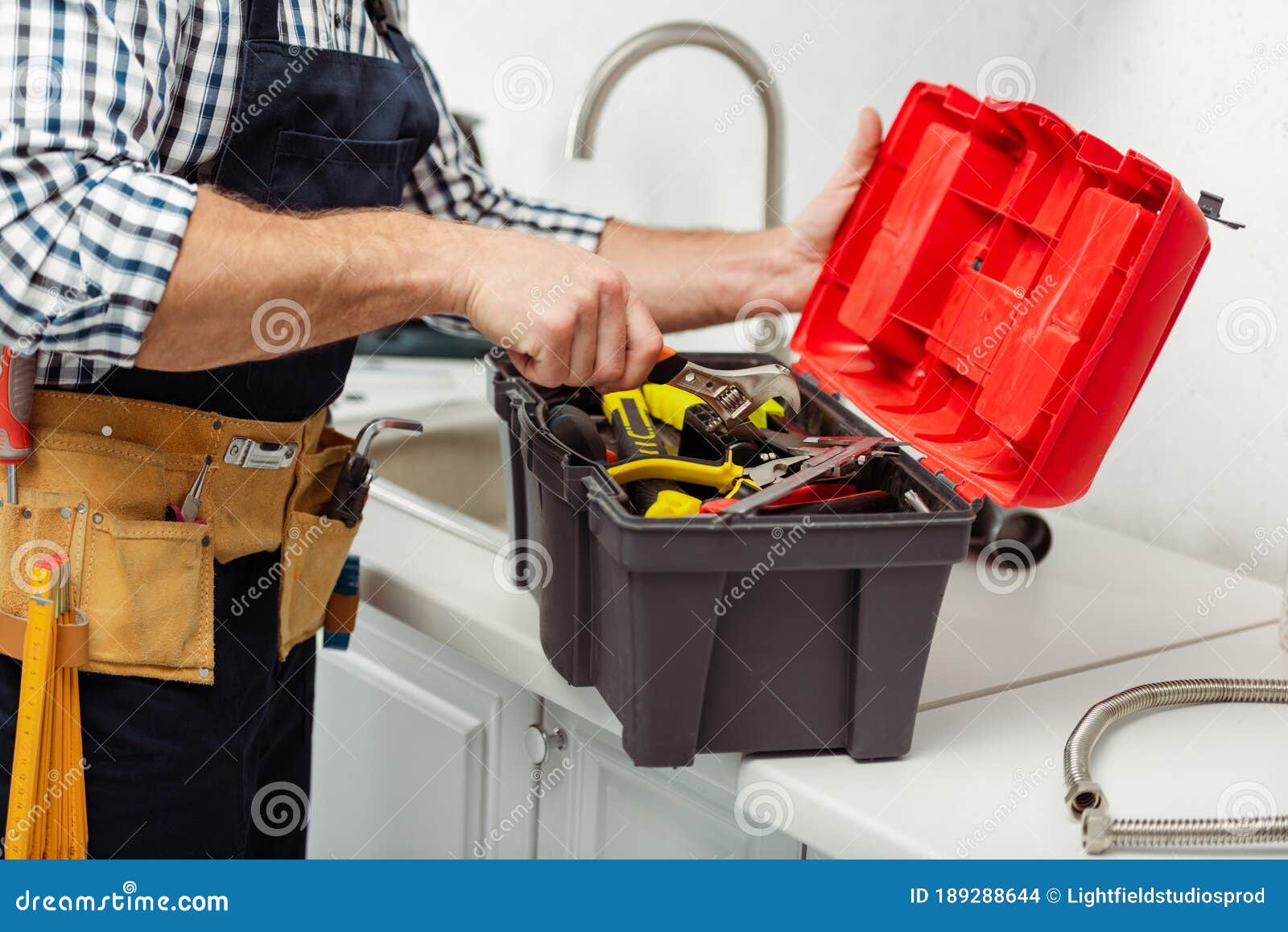 Cropped View of Workman in Overalls Stock Photo - Image of handyman ...