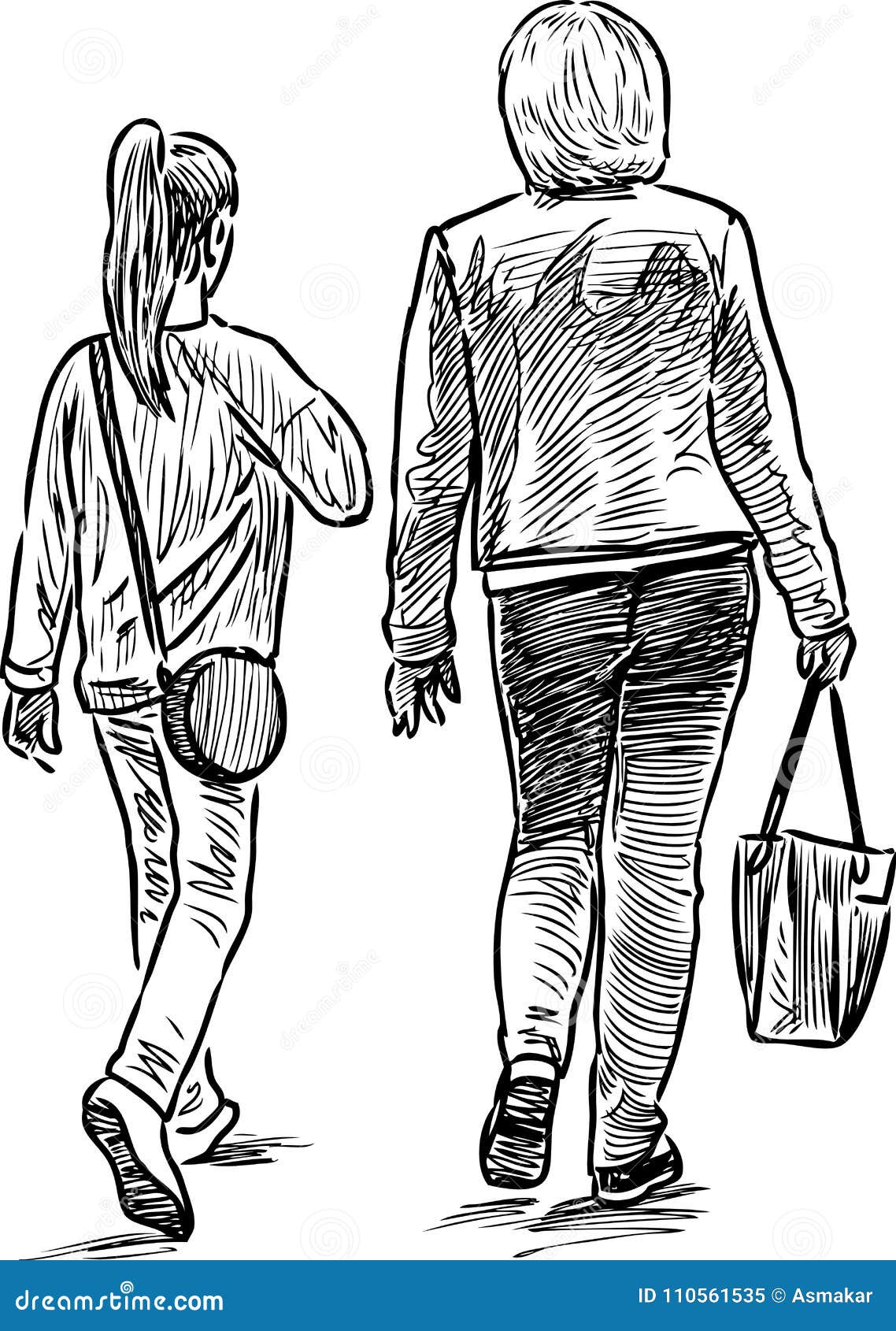 Croquis Dune Mère Avec Sa Fille Allant Sur Une Promenade Illustration
