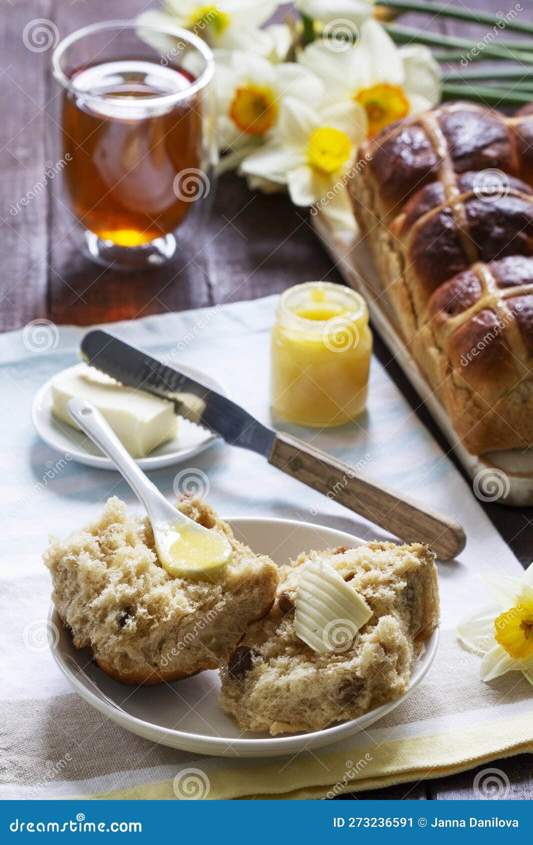 Cross Buns Served with Butter, Honey and Tea. Easter Breakfast. Stock ...