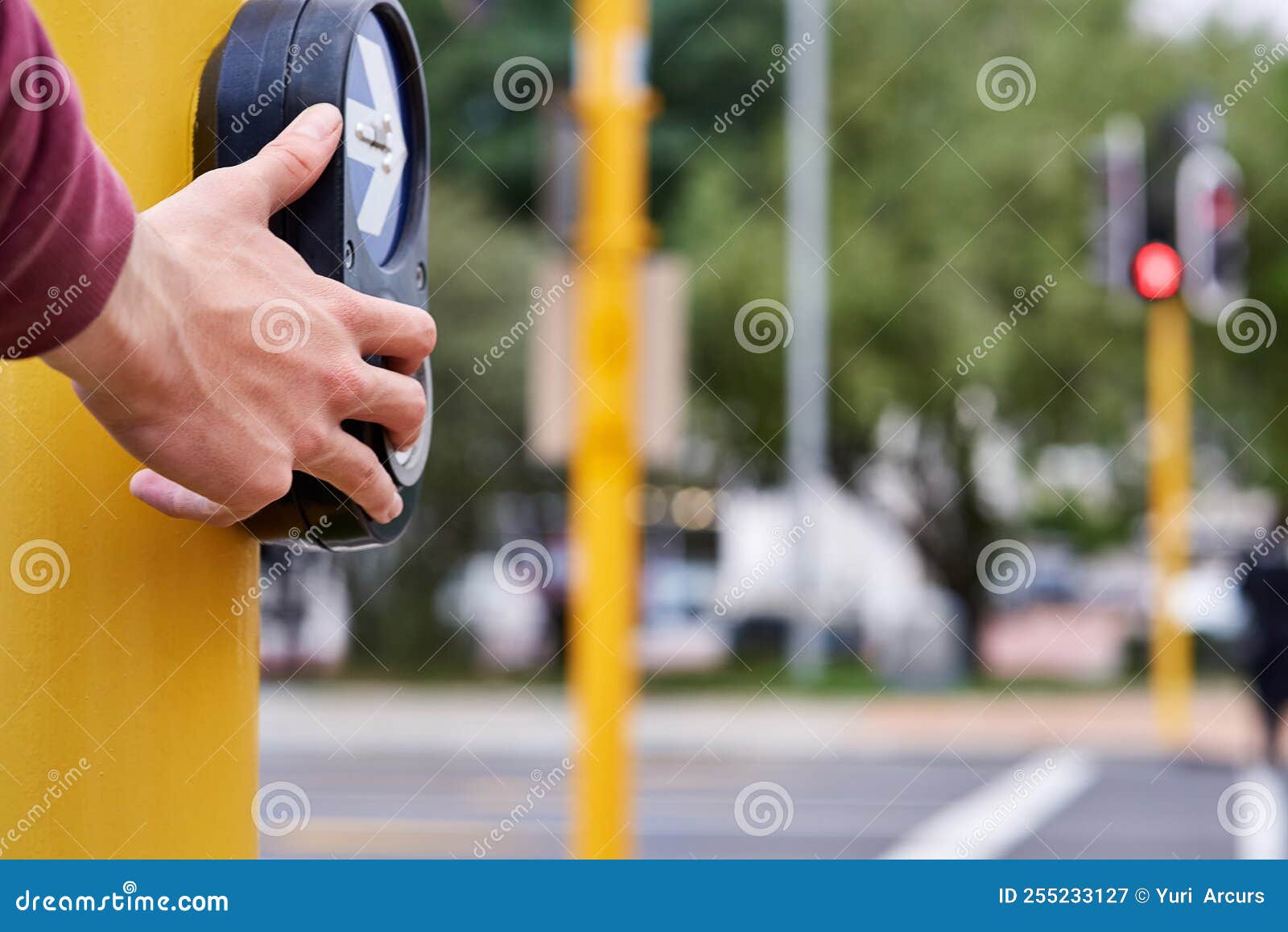 Always Cross with Care. a Mans Hand Pressing the Crossing Button at an ...