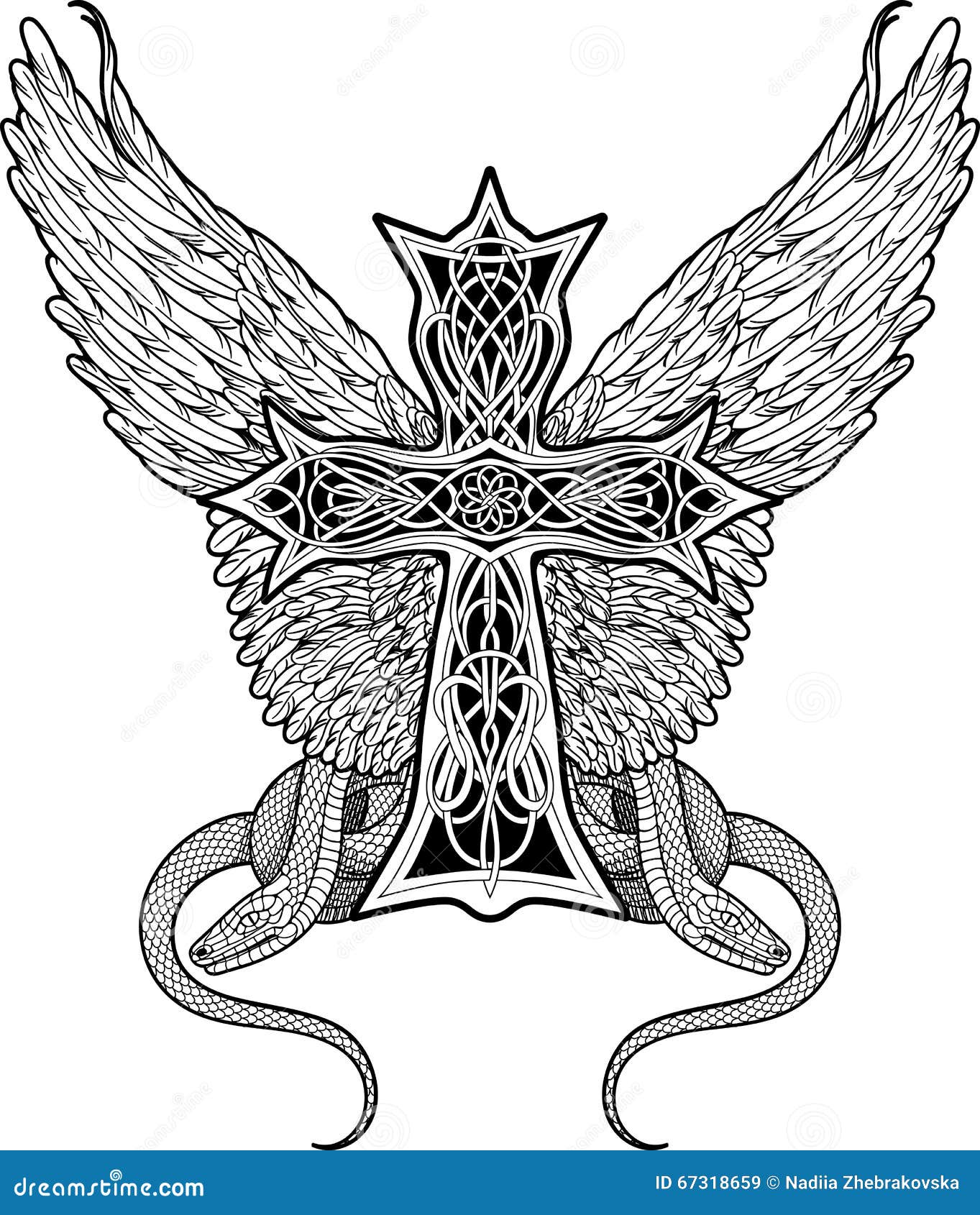 Cross in Celtic Style with Big Wings and Two Snakes Stock Vector ...