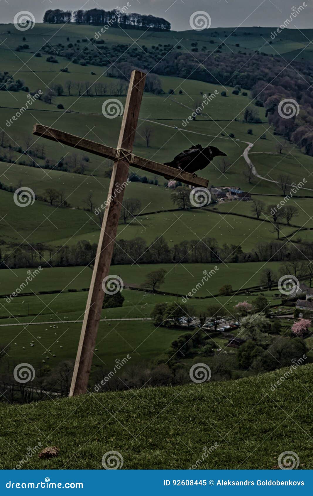 Cross and crow stock image. Image of clouds, dark, house - 92608445