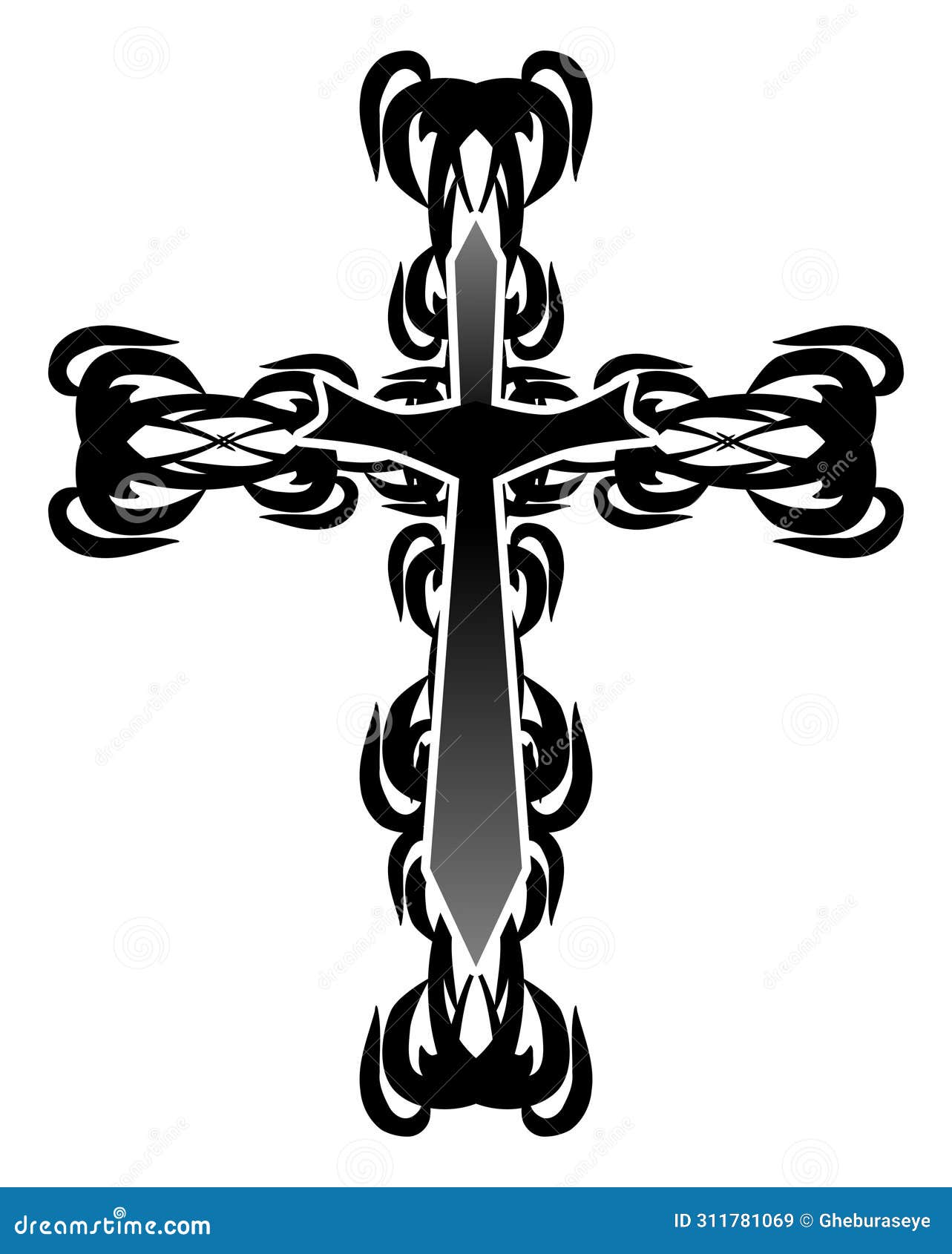 Cross with Dagger, Weapon, Tattoo, Black and White, Isolated. Stock ...