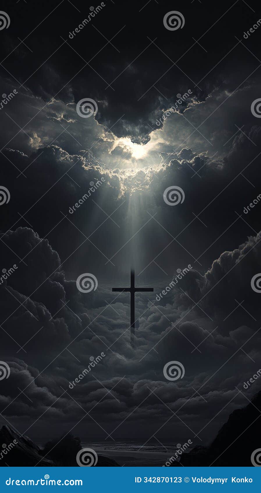 Cross in Dramatic Cloudy Sky with Sun Rays Breaking through, Spiritual ...