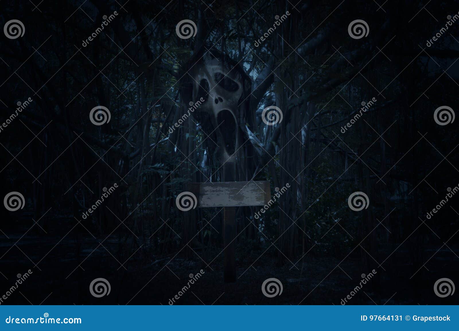 Cross with Ghost Scream Over Spooky Forest at Night Time Stock Image ...