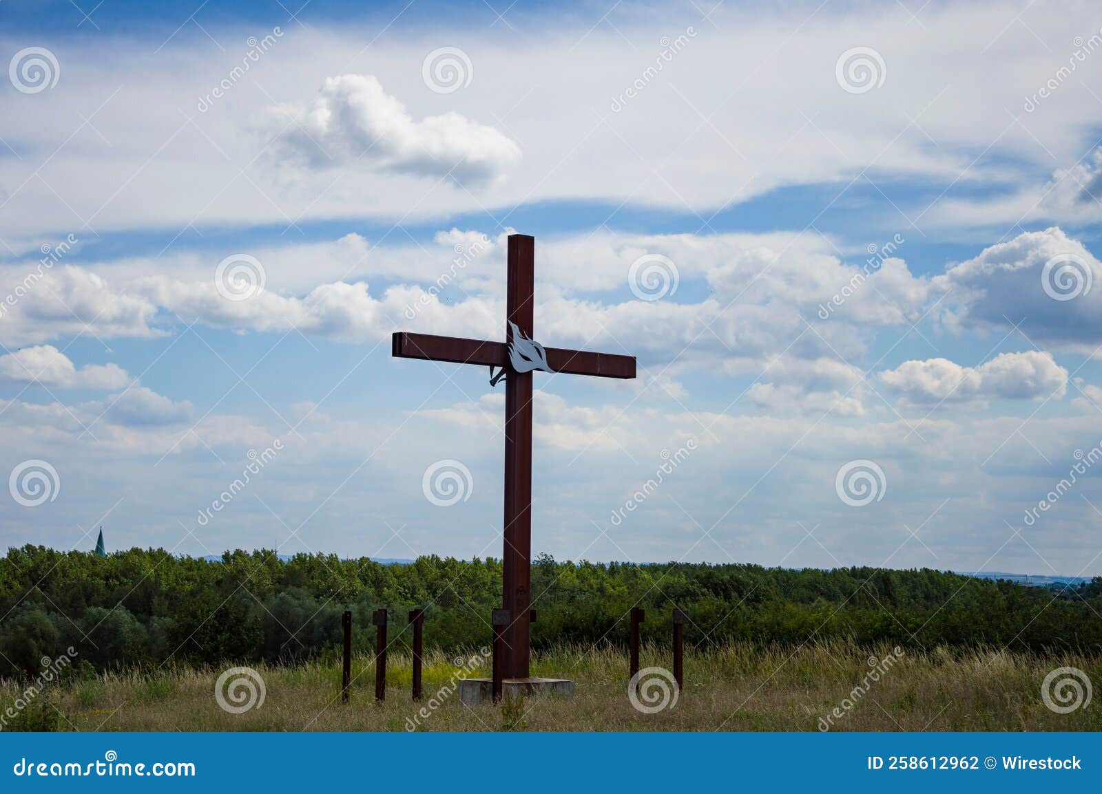 Cross in Greenery Field Surrounded by Dense Trees Stock Photo - Image ...