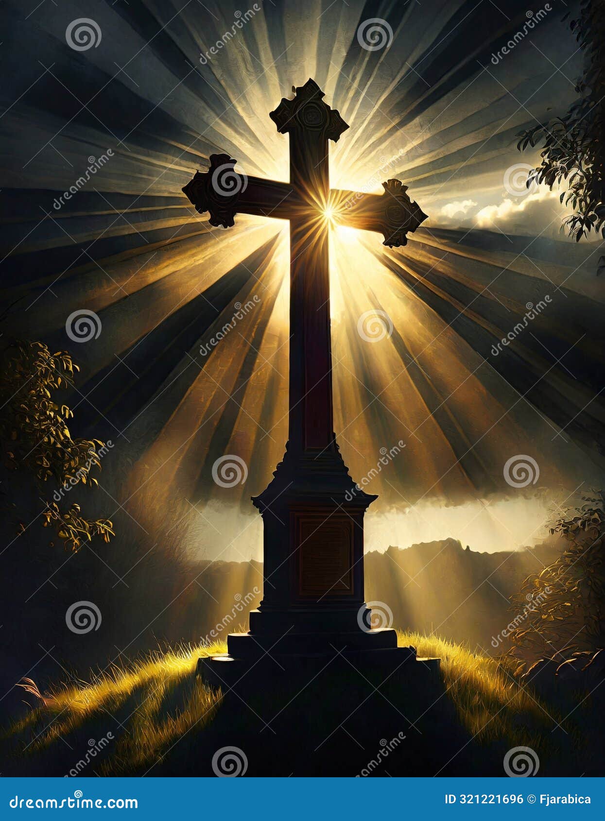 Cross on Hill among Clouds with Sun Rays Stock Illustration ...