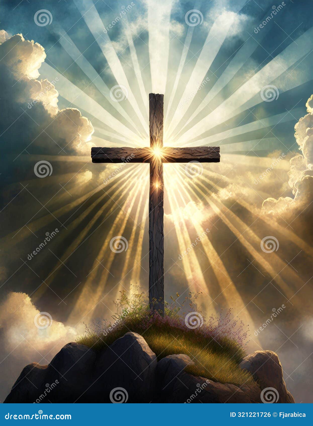 Cross on Hill among Clouds with Sun Rays Stock Illustration ...