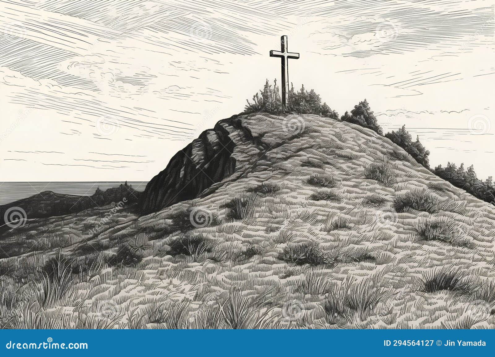 Cross on the Hill. Hand-drawn Illustration. Black and White Stock ...