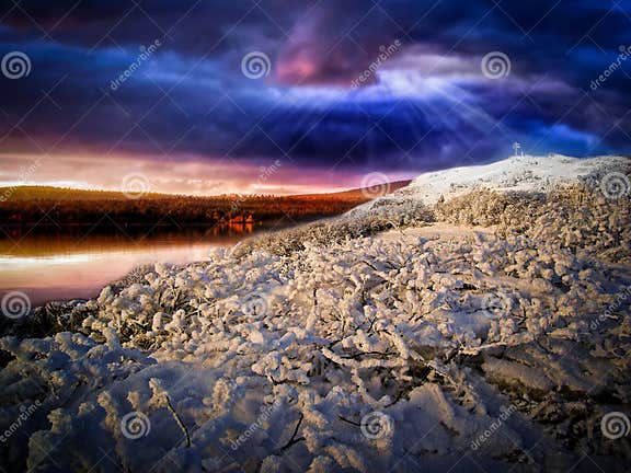 Cross on Hill with Sun Rays Stock Image - Image of orange, landscape ...