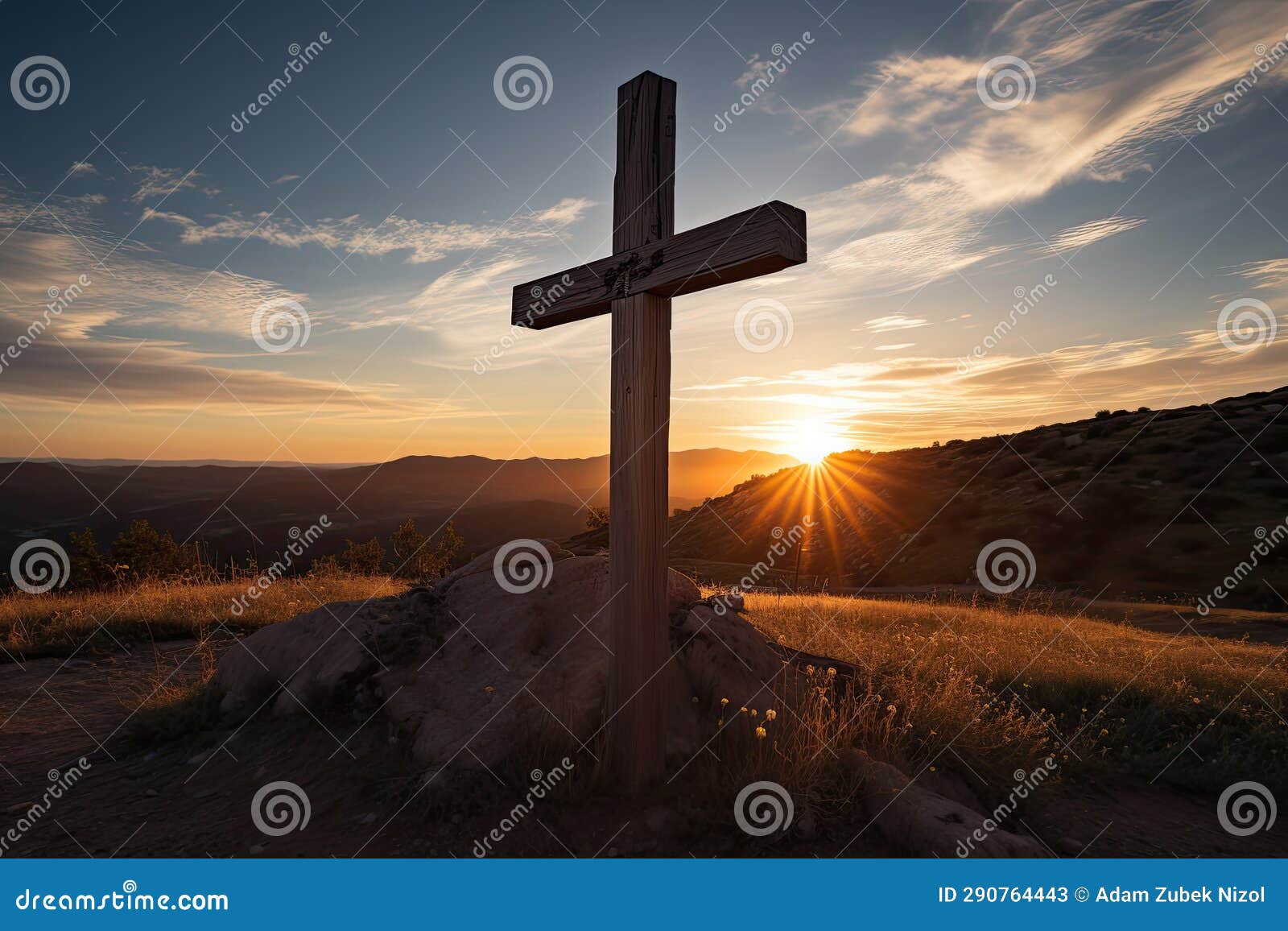 A Cross on a Hill with the Sun Setting Behind it Stock Illustration ...