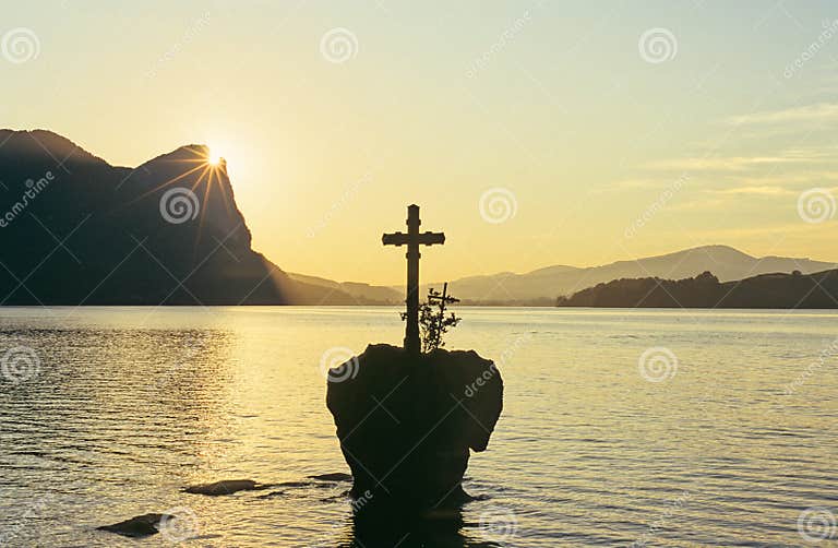 Cross on lake stock image. Image of austria, quiet, golden - 1123585