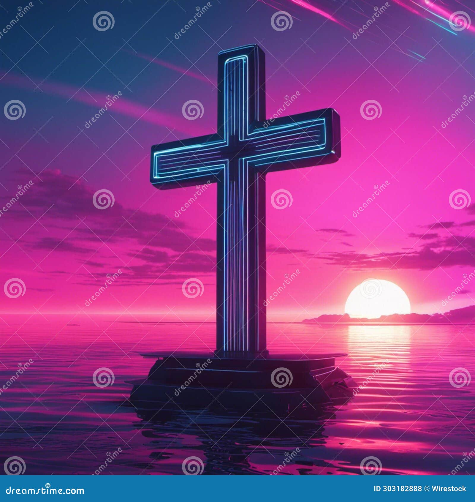 Cross on Lake in Front of Setting Sun Wallpaper Mural Stock ...