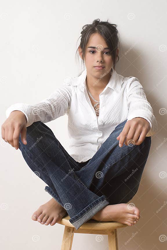 Cross legged on stool stock photo. Image of woman, wood - 20122444