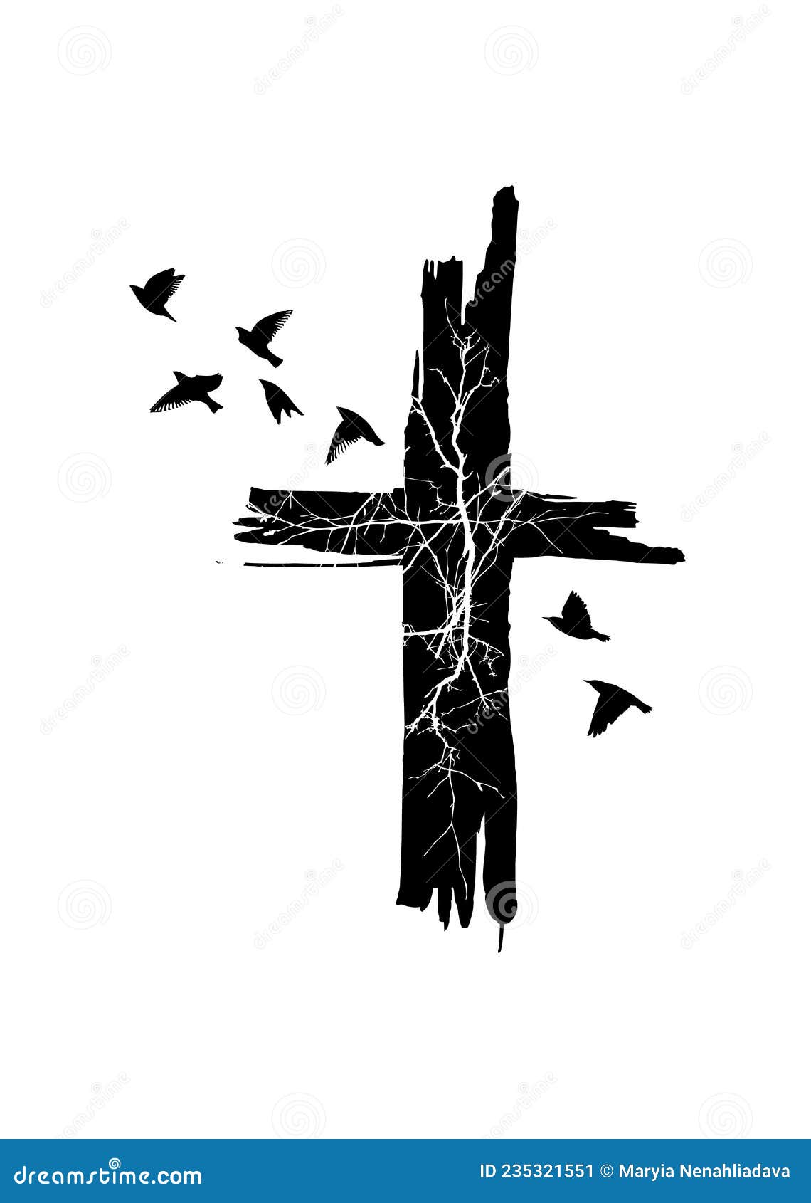Cross Made of Tree Branches with Flying Birds . Vector Illustration ...