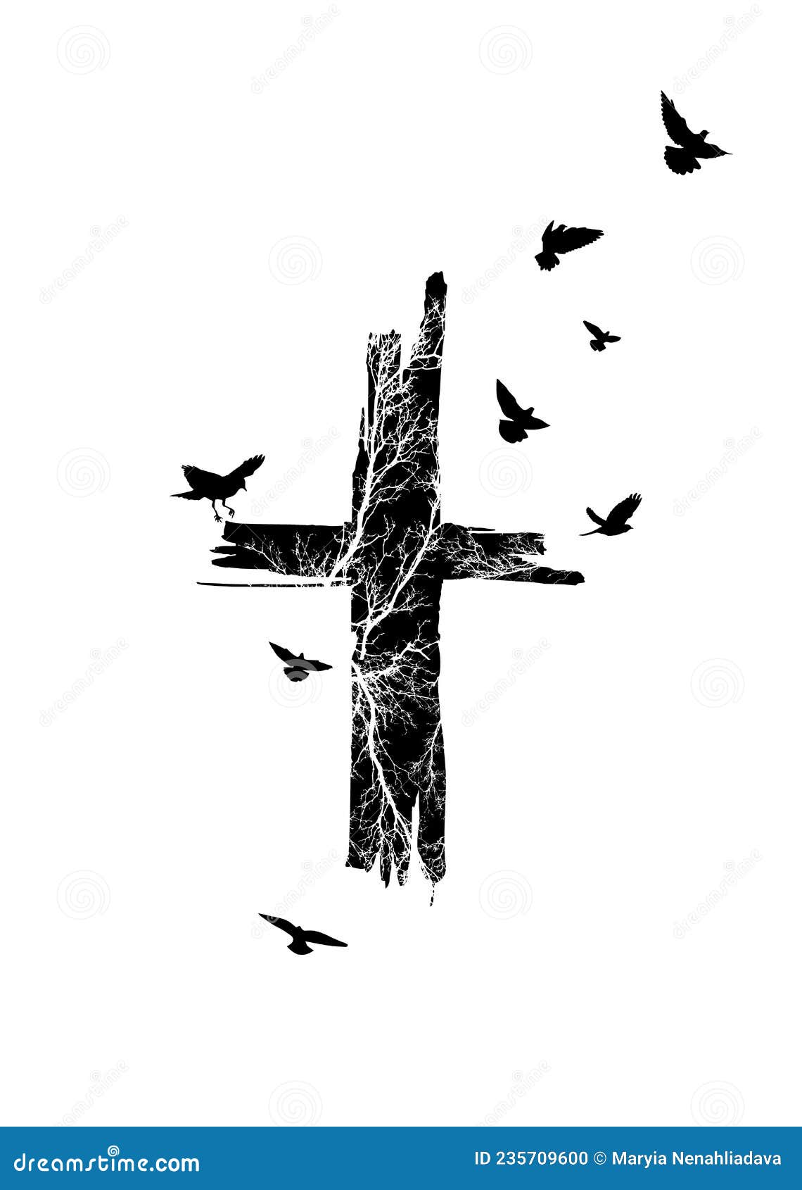 Cross Made of Tree Branches with Flying Birds . Vector Illustration ...