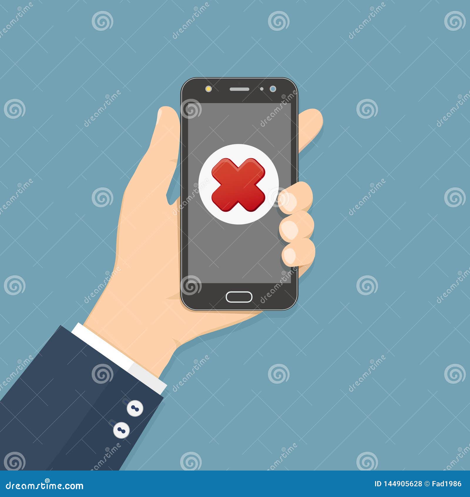 Cross Mark on Smartphone Screen. Hand Holds Smartphone. Mobile Phone ...