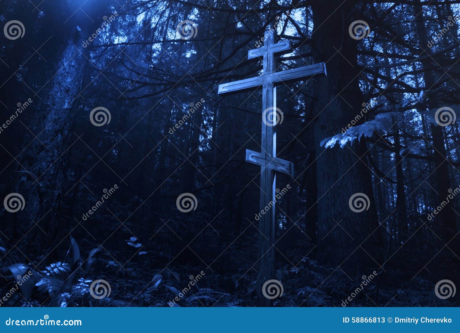 Cross in the misty forest stock image. Image of rays - 58866813