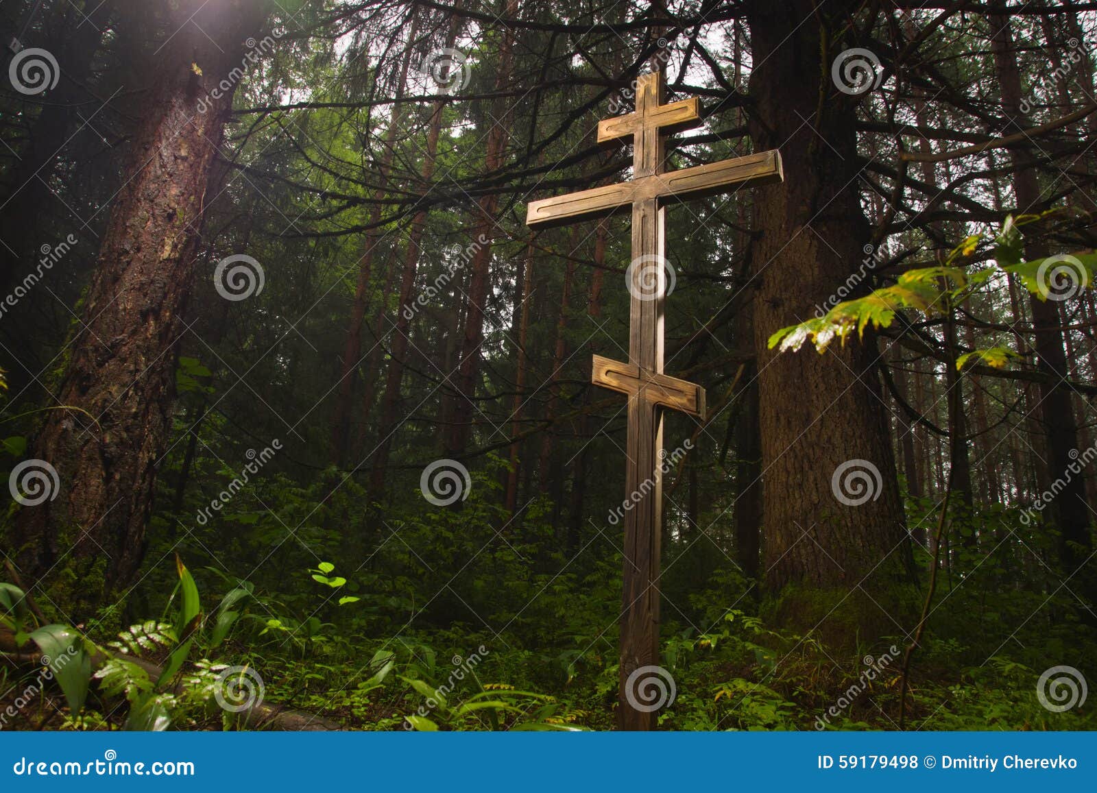 Cross in the misty forest stock photo. Image of forest - 59179498