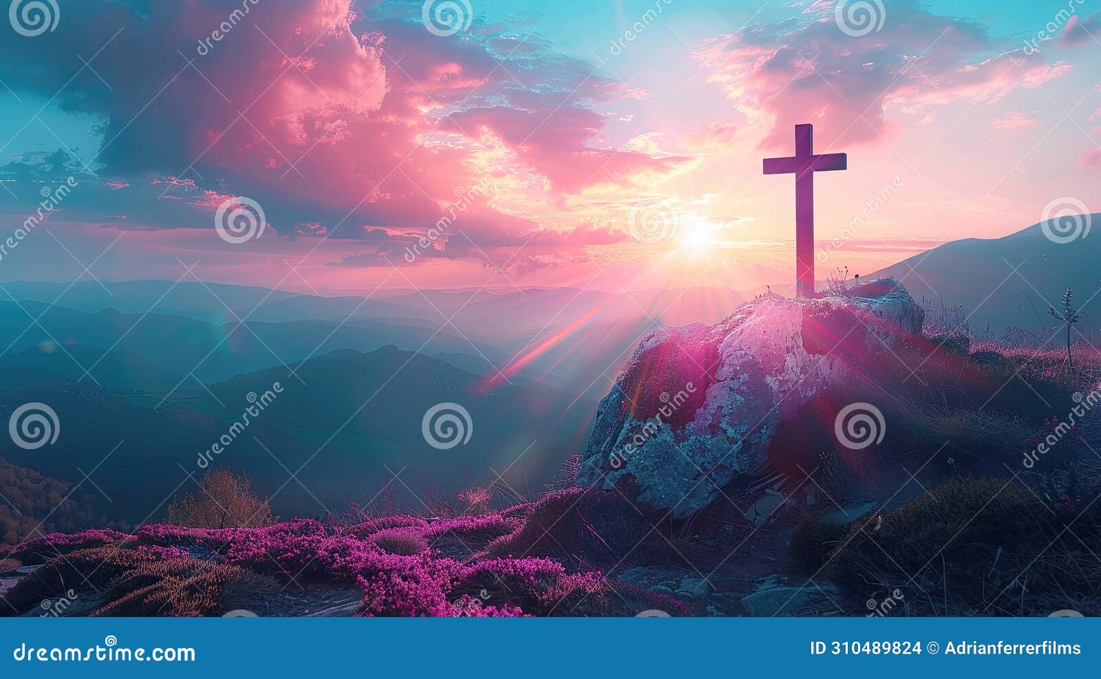 Cross on a Mountain with Purple Clouds and a Sunbeam at Sunset. Stock ...