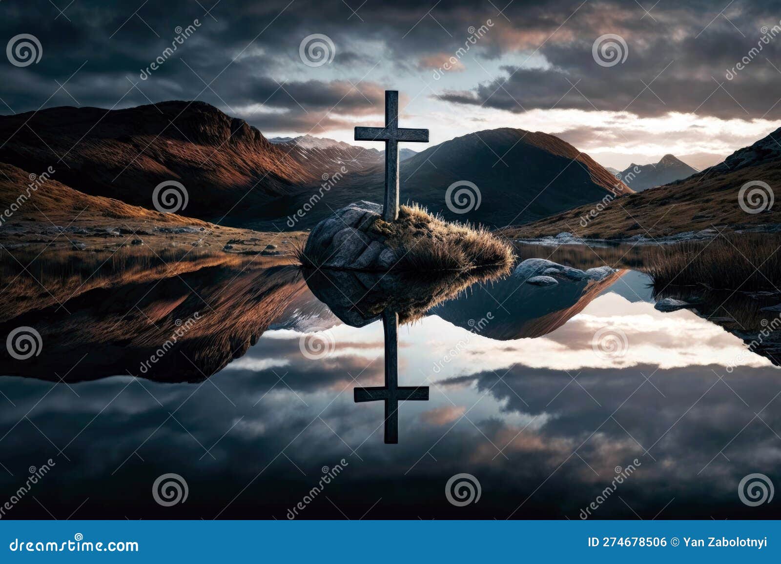 Cross on Mountain Reflected in Lake , Cinematic. Generative AI Stock ...