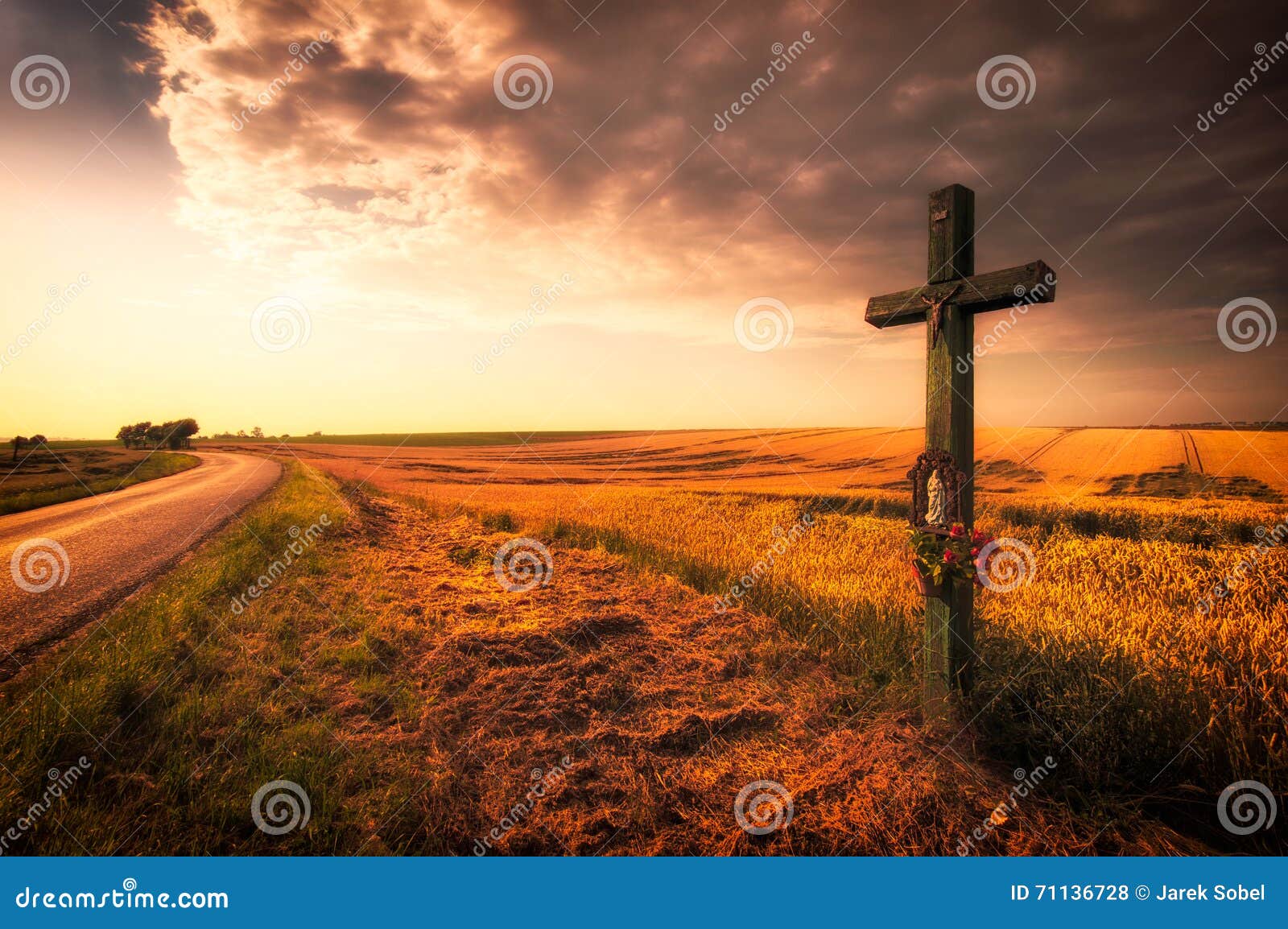 Cross Over the Field during Sunset Stock Photo - Image of clear, crop ...