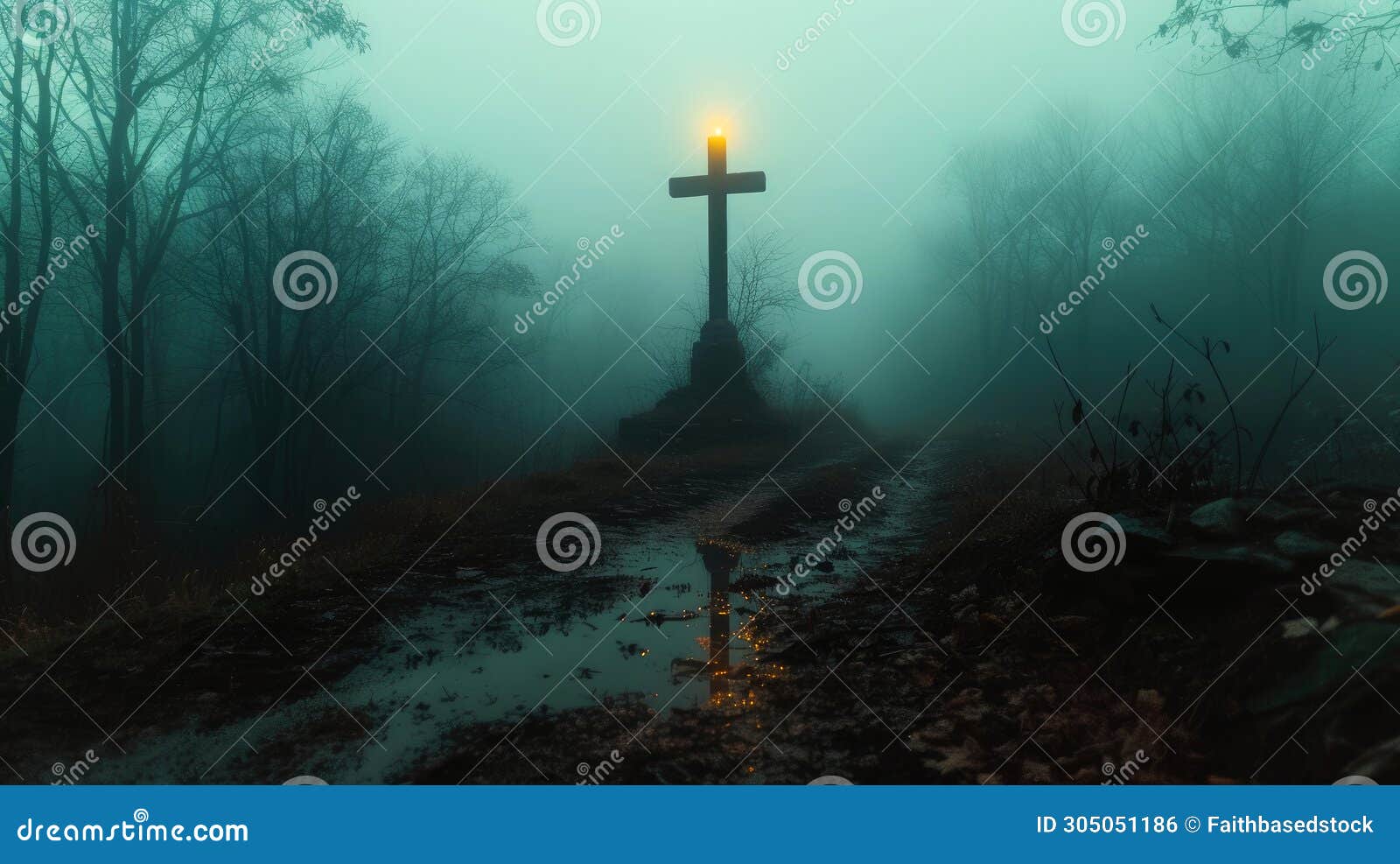 Cross on the Path. Cross with a Warm Light in a Cold, Foggy Morning ...